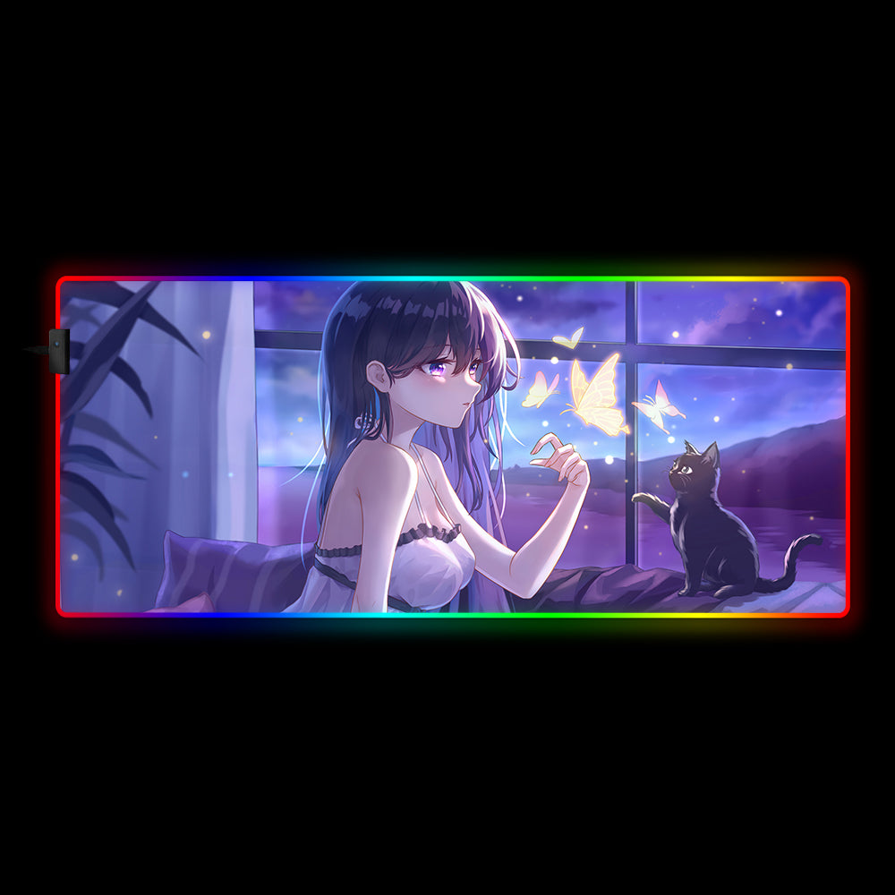Anime Girl, Butterflies, Cat Design Gaming RGB Mousepad